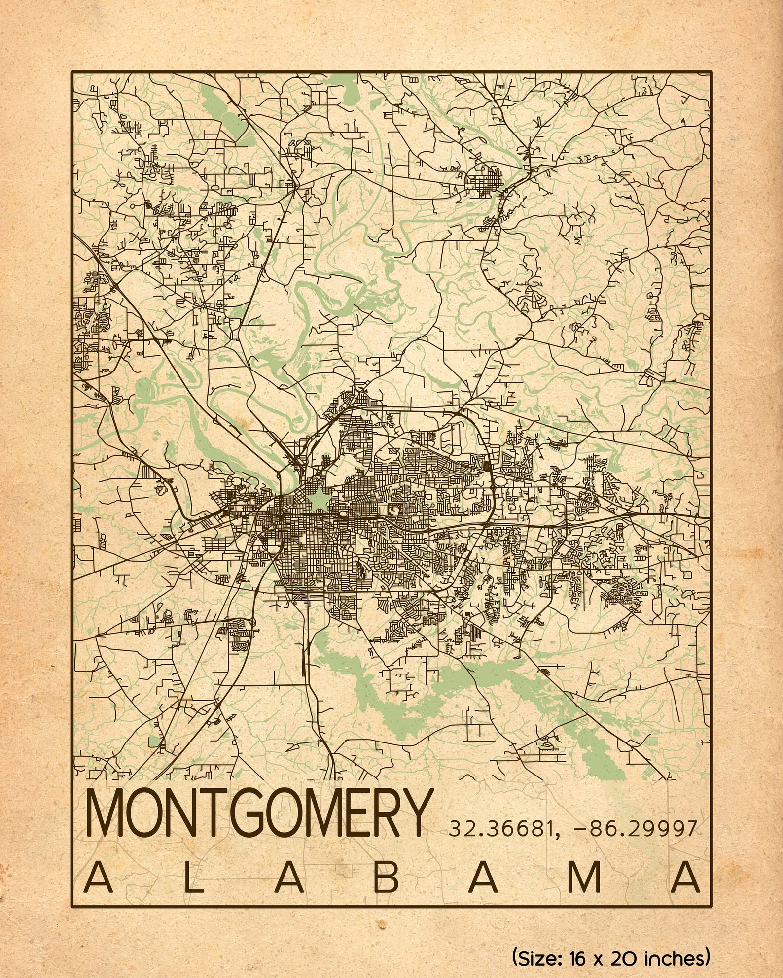 Montgomery Alabama City Map Print Poster Vintage Antique Aged - Etsy