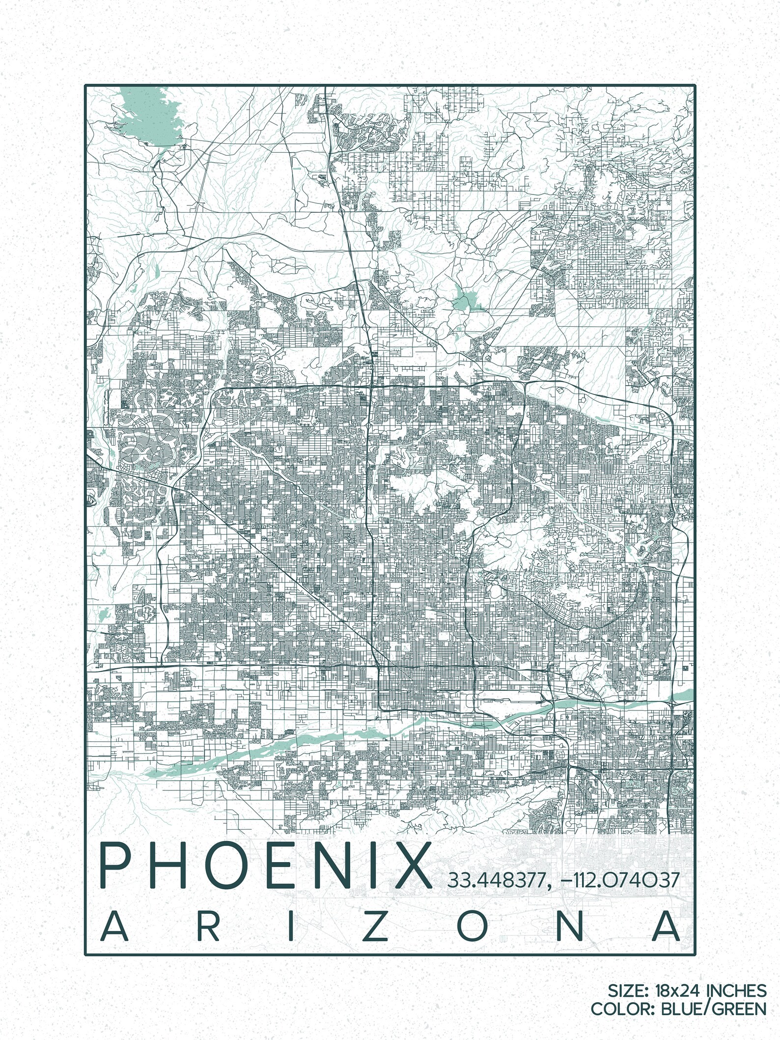 Phoenix City Map Arizona Print Poster Blue Green Valley Sun - Etsy