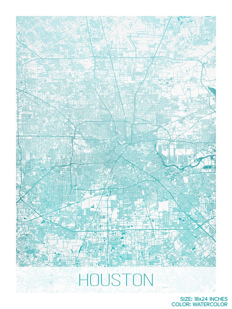 Houston City Map Print Poster Watercolor Turquoise H Town Space Bayou ...