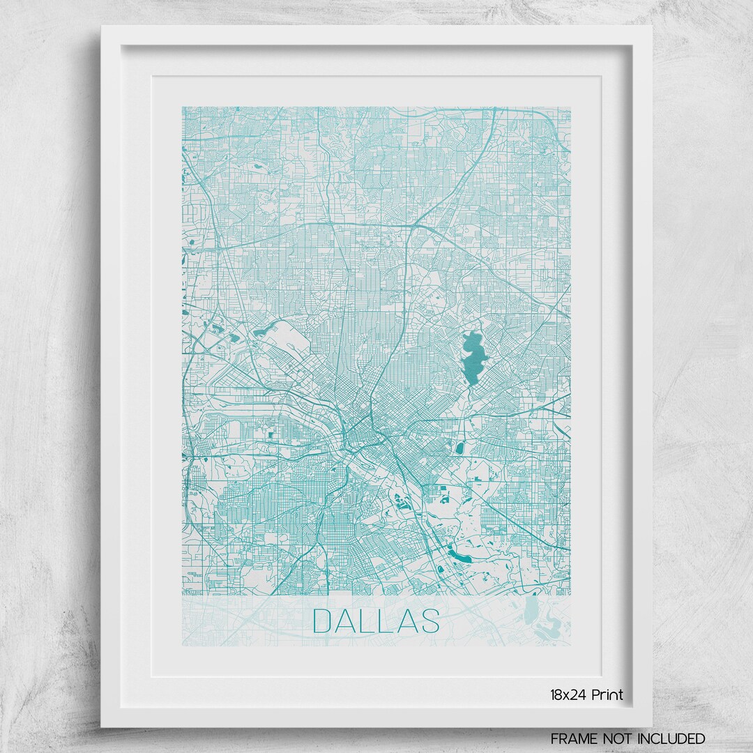 Dallas City Map Print Poster Watercolor Turquoise Dallas Texas Custom ...