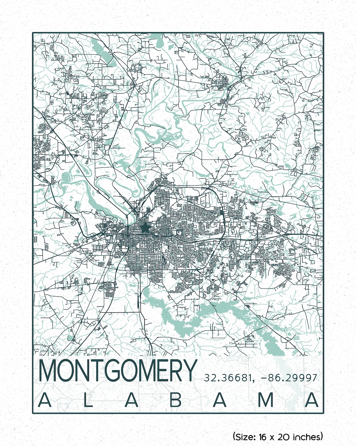 Montgomery Alabama City Map Print Poster Blue Green Montgomery | Etsy