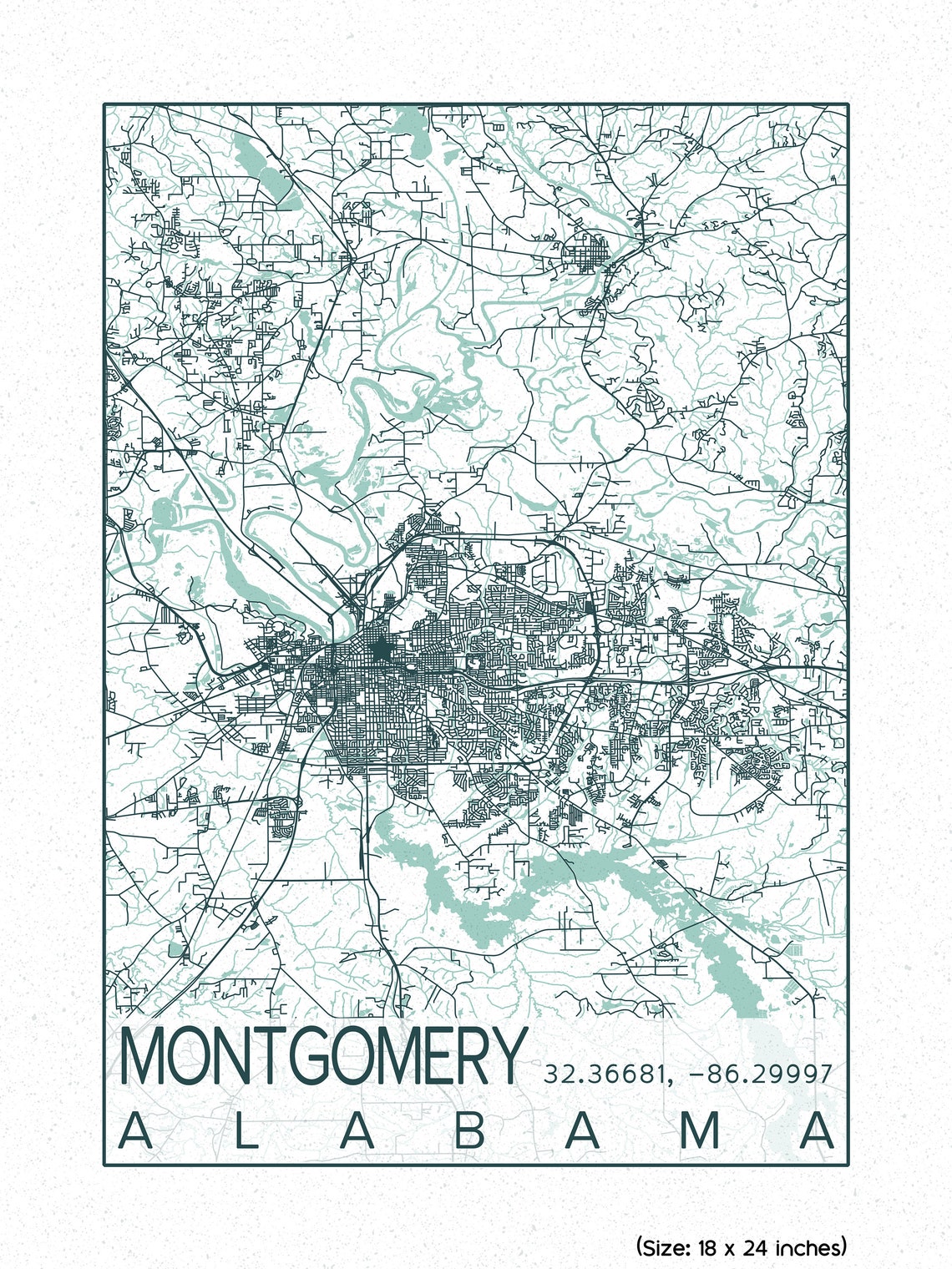 Montgomery Alabama City Map Print Poster Blue Green Montgomery | Etsy