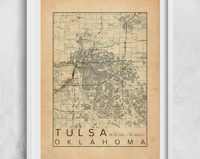 Tulsa Map Print Poster Antique Vintage Aged Tulsa Oklahoma Custom City ...