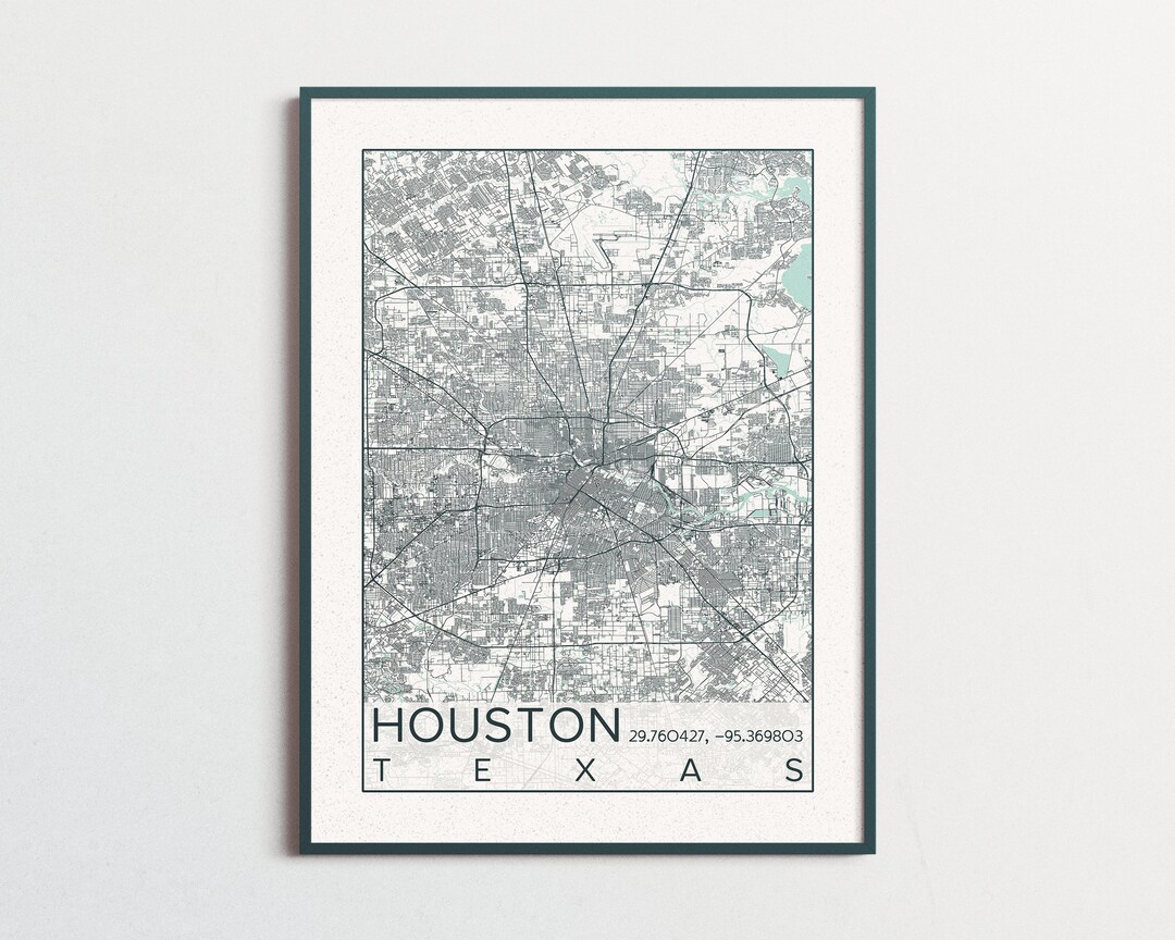 Houston City Map Print Poster Blue Green H Town Space Bayou Big Heart ...