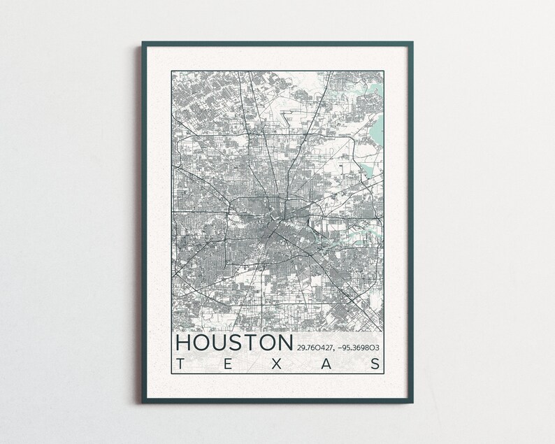 Houston City Map Print Poster Blue Green H Town Space Bayou Big Heart ...
