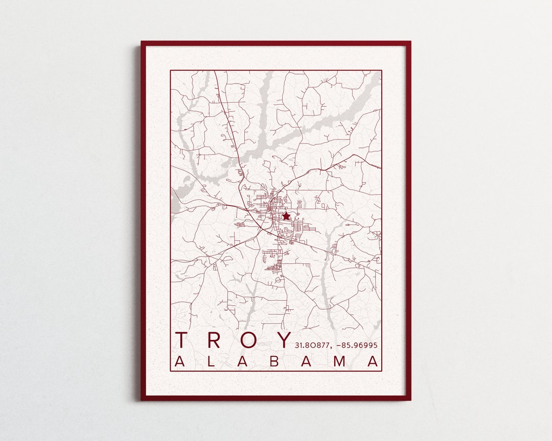 Troy Alabama Map Troy University Poster Print City of AL Trojans T-roy ...