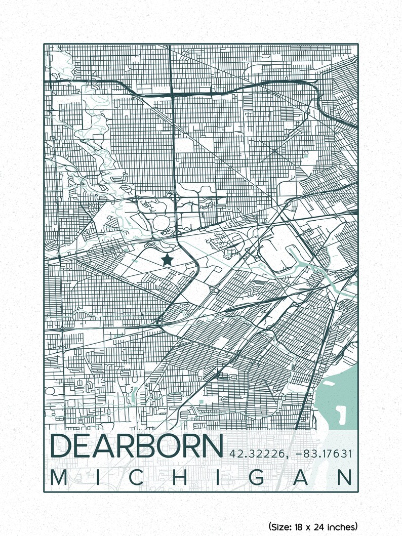 Dearborn City Map Print Poster Blue Green Dearborn Down River - Etsy