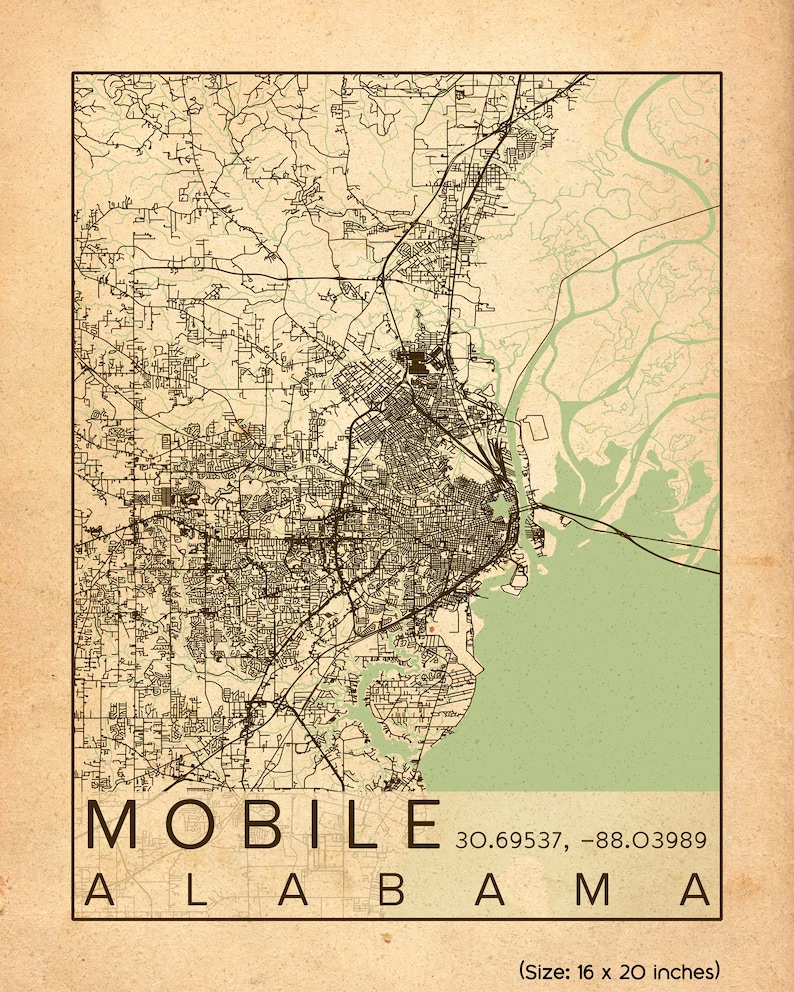 Mobile Alabama City Map Print Poster Antique Vintage Aged - Etsy