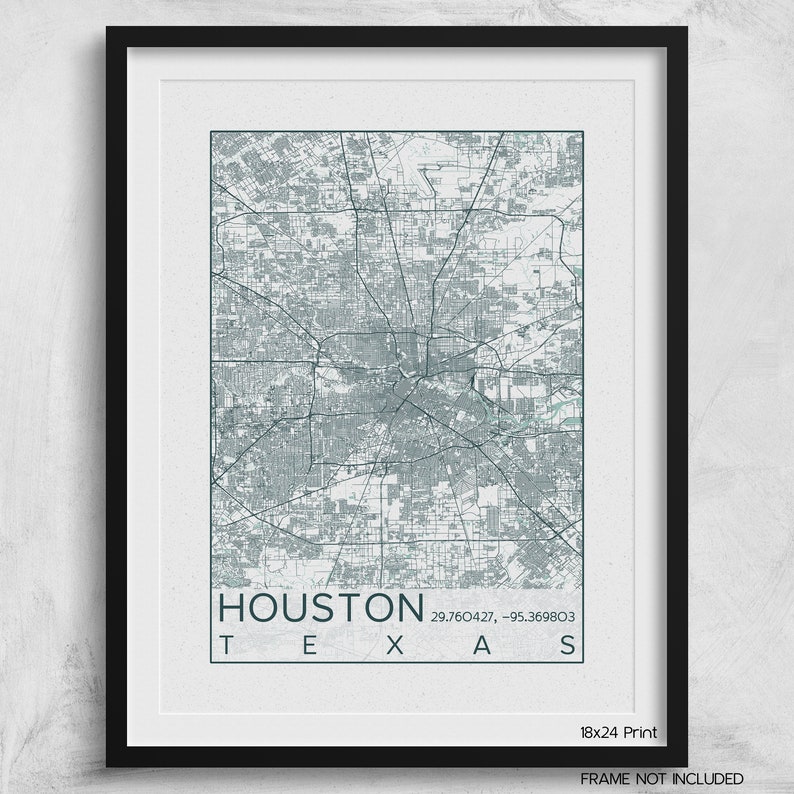 Houston City Map Print Poster Blue Green H Town Space Bayou Big Heart ...