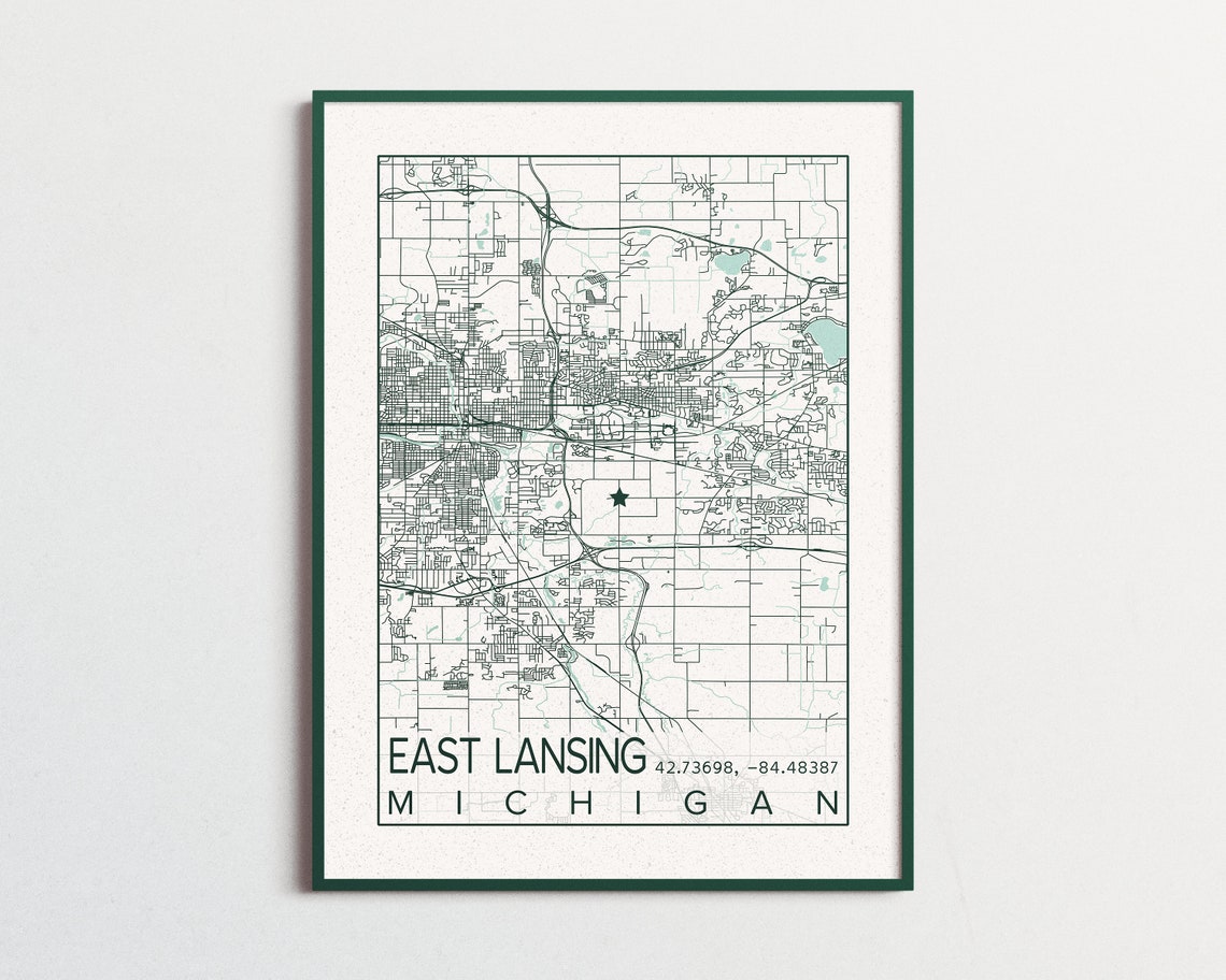 East Lansing Map Michigan State University Poster Print City - Etsy