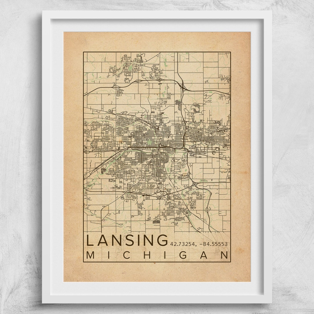 Lansing City Map Print Poster Antique Vintage Aged Lansing Michigan ...