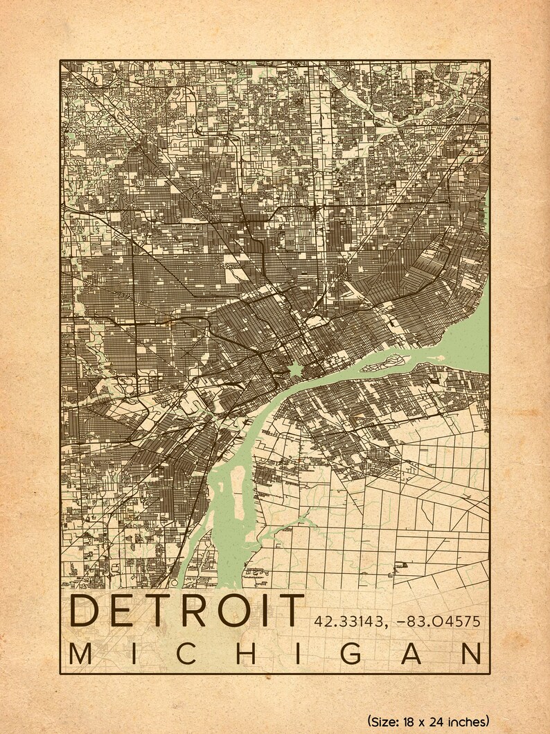 Detroit City Map Print Poster Antique Vintage Aged Detroit - Etsy