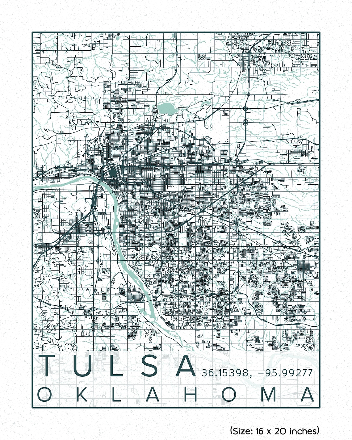 Tulsa Map Print Poster Blue Green Downtown Tulsa Oklahoma Okie | Etsy