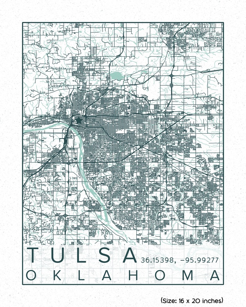 Tulsa Map Print Poster Blue Green Downtown Tulsa Oklahoma Okie - Etsy