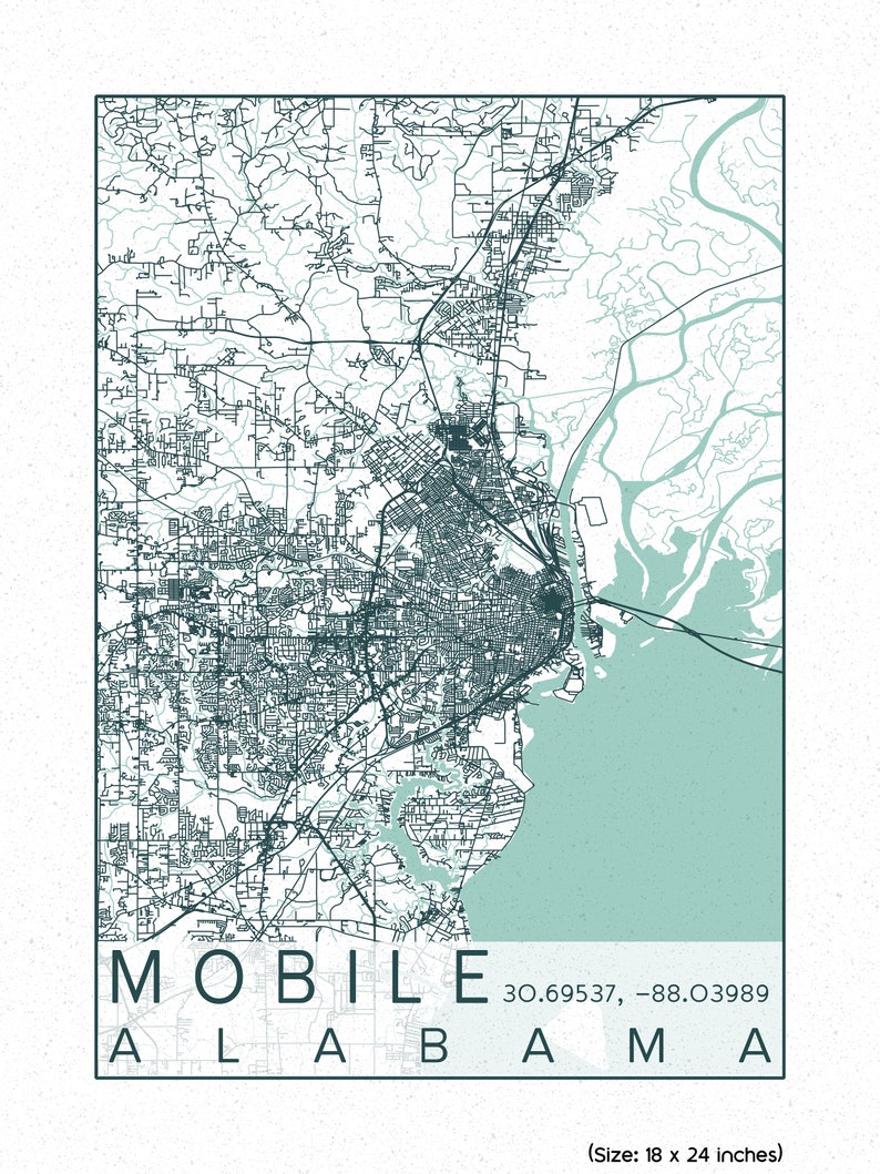 Mobile Alabama City Map Print Poster Blue Green Mobile Bay AL - Etsy