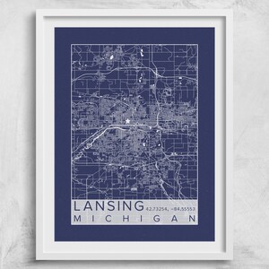 Lansing City Map Print Poster Blueprint Plans Lansing Michigan Capital ...