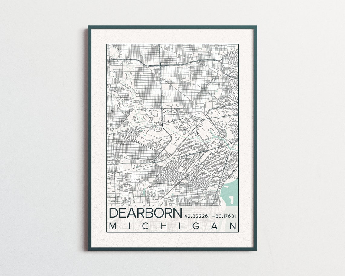 Dearborn City Map Print Poster Blue Green Dearborn Down River | Etsy