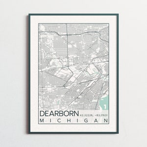 Dearborn City Map Print Poster Blue Green Dearborn Down River Michigan ...