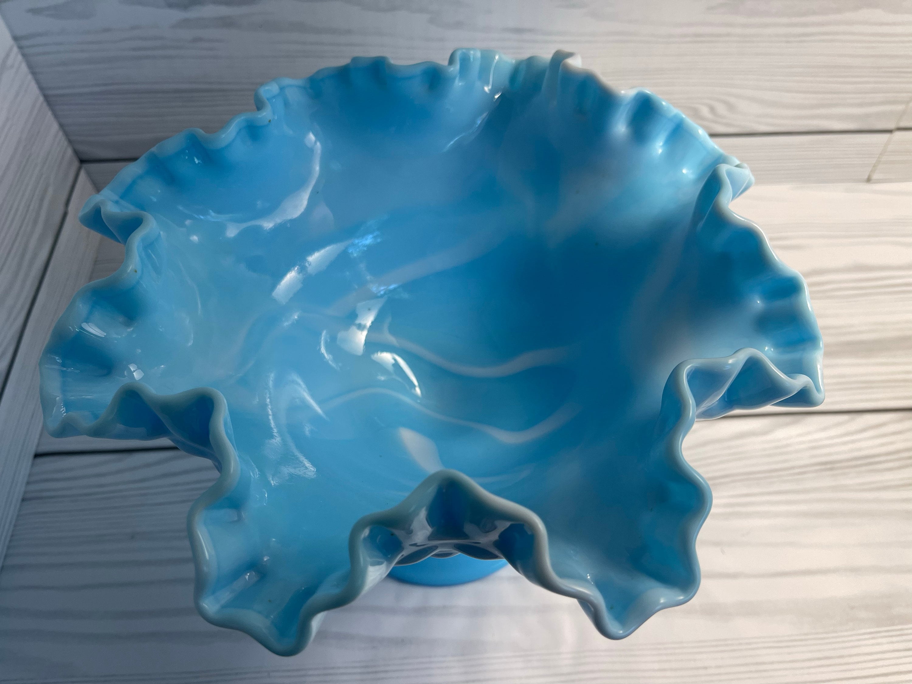 Vintage Fenton Blue and White Slag Glass Hobnail Pedestal Compote With ...