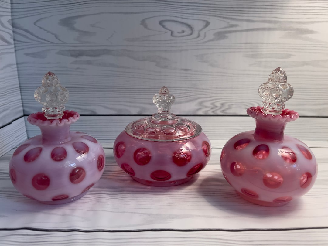 Vintage Fenton Cranberry Opal Coin Dot Vanity/ Perfume Set - Etsy