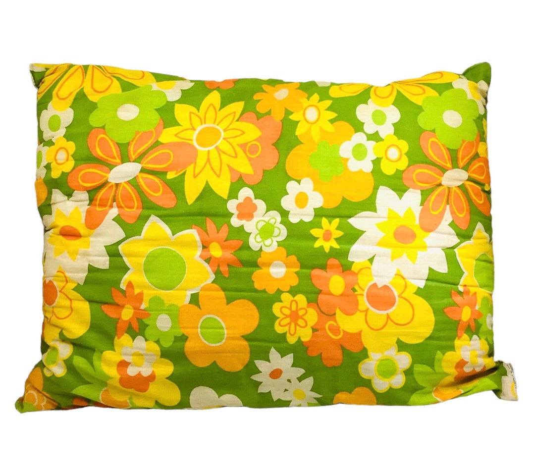 Vintage 60s Mod Floral Pillow Standard Size Green Orange Yellow Flower ...