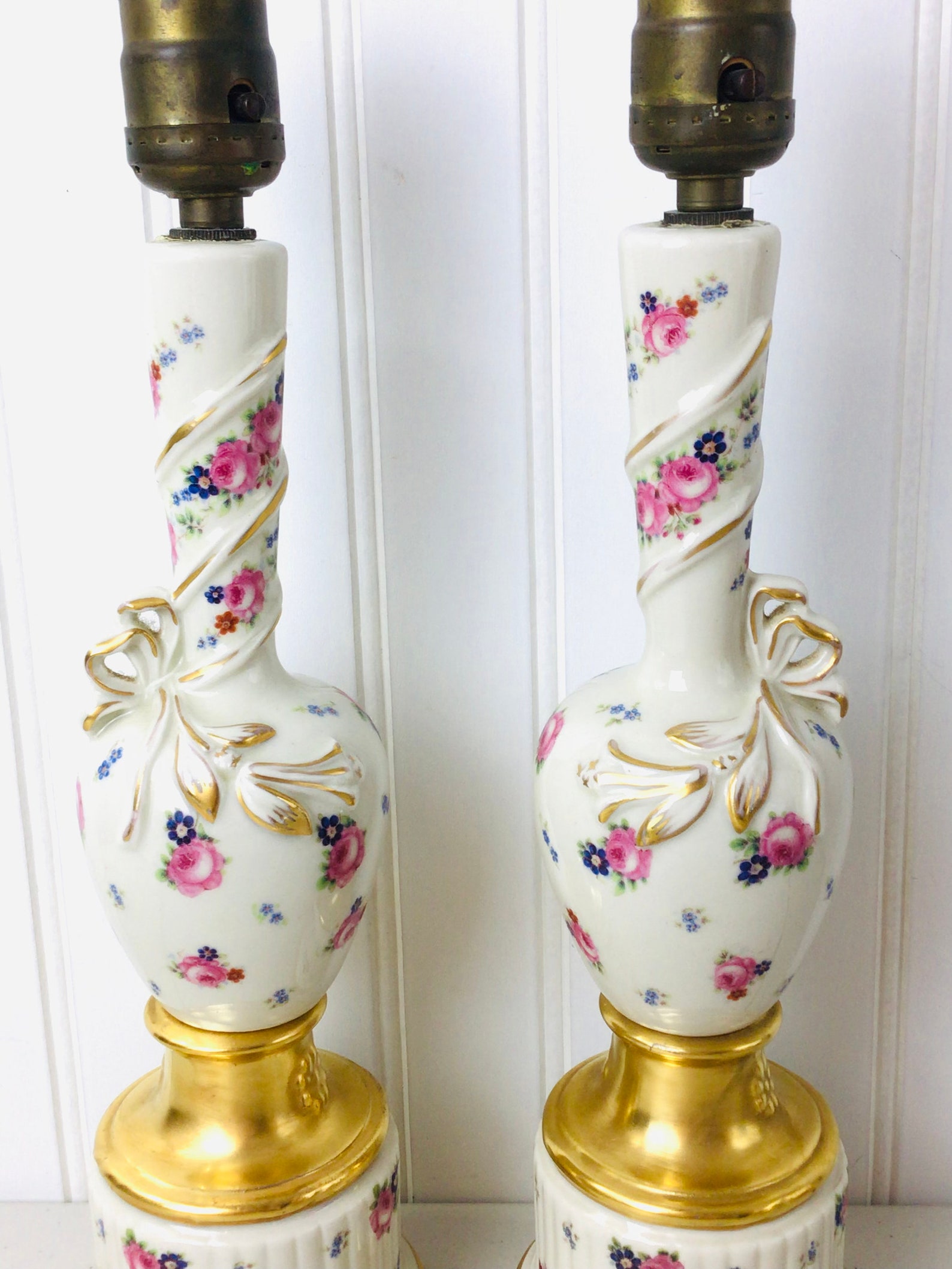 Vintage Small Porcelain Lamps Hand Painted Pink Roses Gold | Etsy