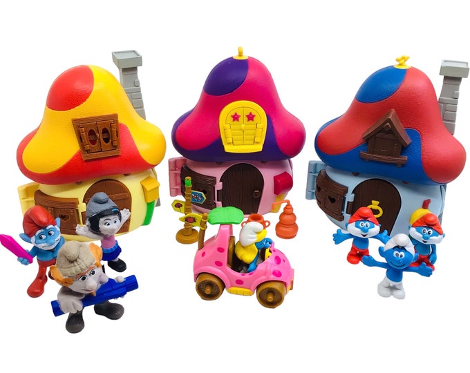 Smurfs Jakks Pacific Mushroom Houses Playsets PVC Figures Lot Papa ...