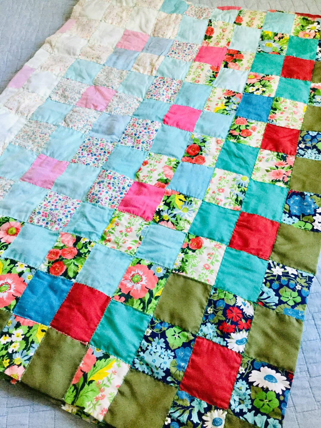 Vintage Floral Patchwork Quilt Blanket Handmade 98” X 66” - Etsy