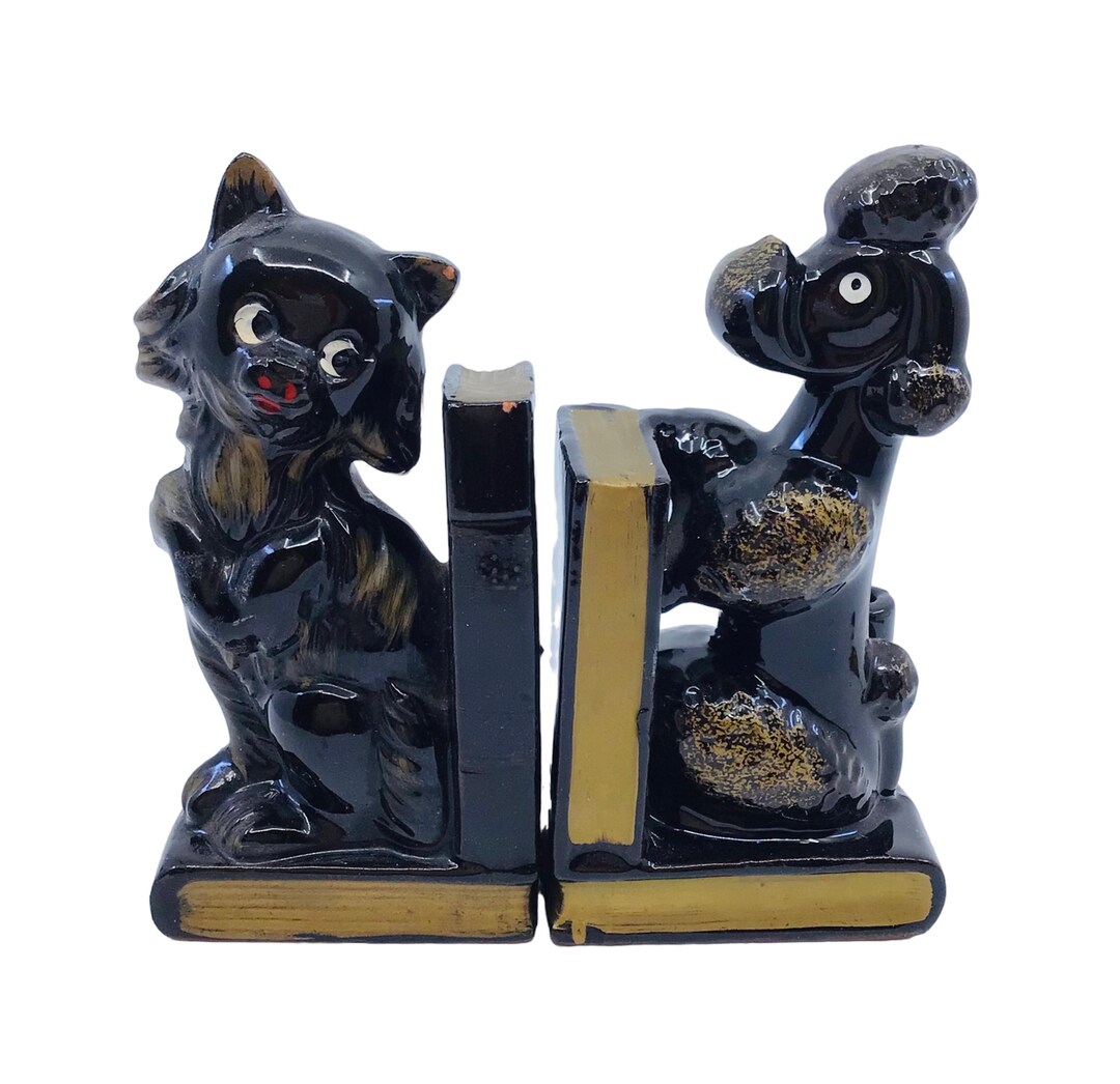 Vintage 1 Black Poodle Dog Pencil Holder Bookend & 1 Black Cat Bookend ...