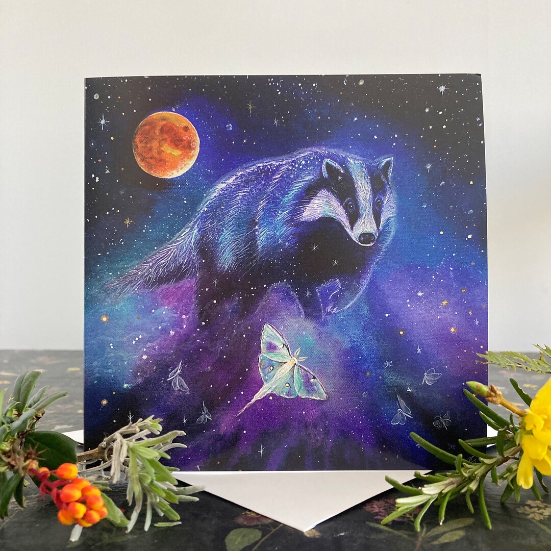 Colourful Leaping Badger Blank Greetings Card, Moon and Badger Lover ...