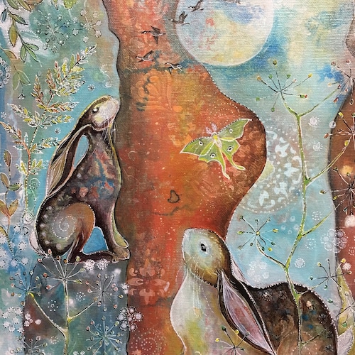 Moongazing Hare Colourful Fine Art Print Magical Hare Wall - Etsy