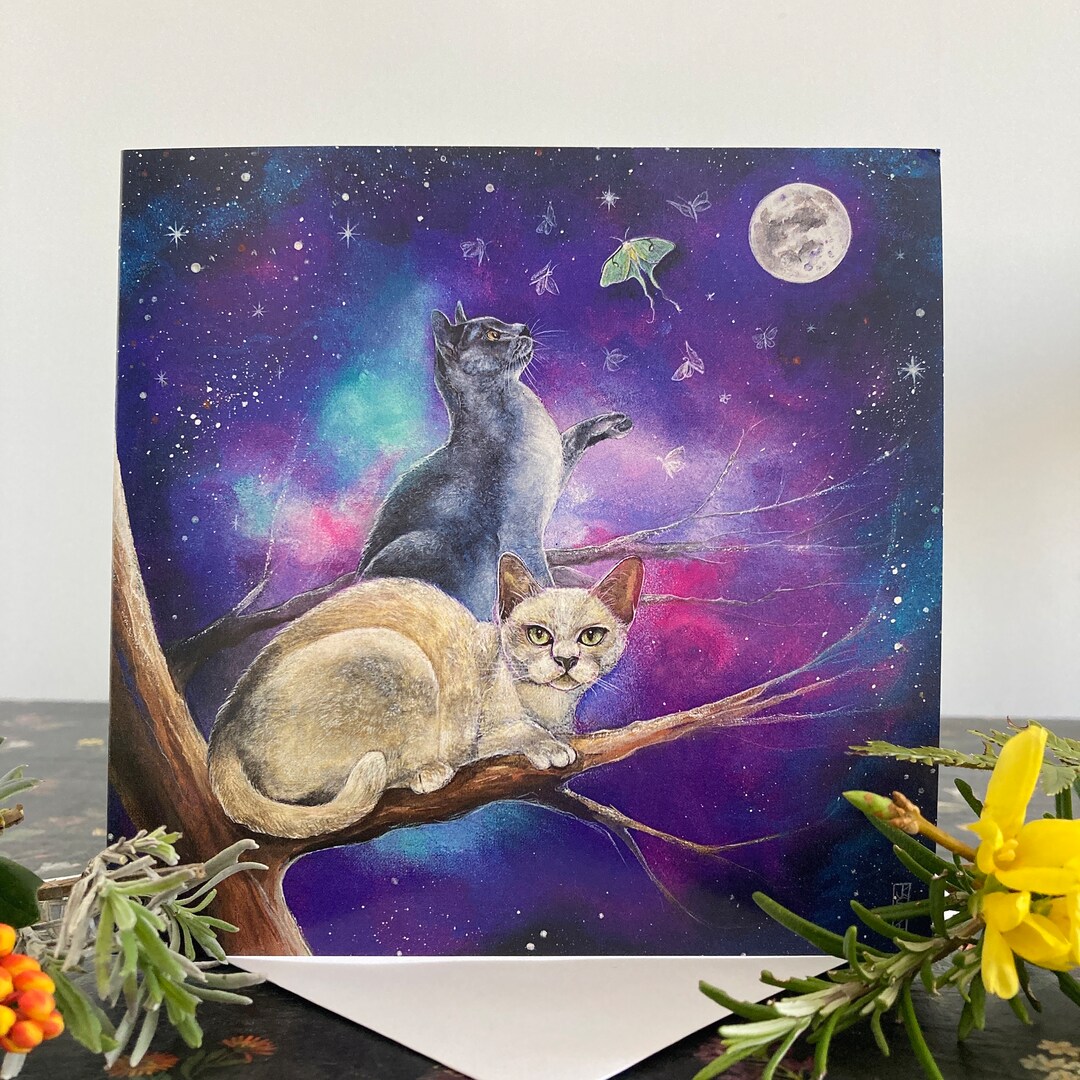 Cat Card, Blank Magical Cats Birthday Thank You Card, Witches Cat ...