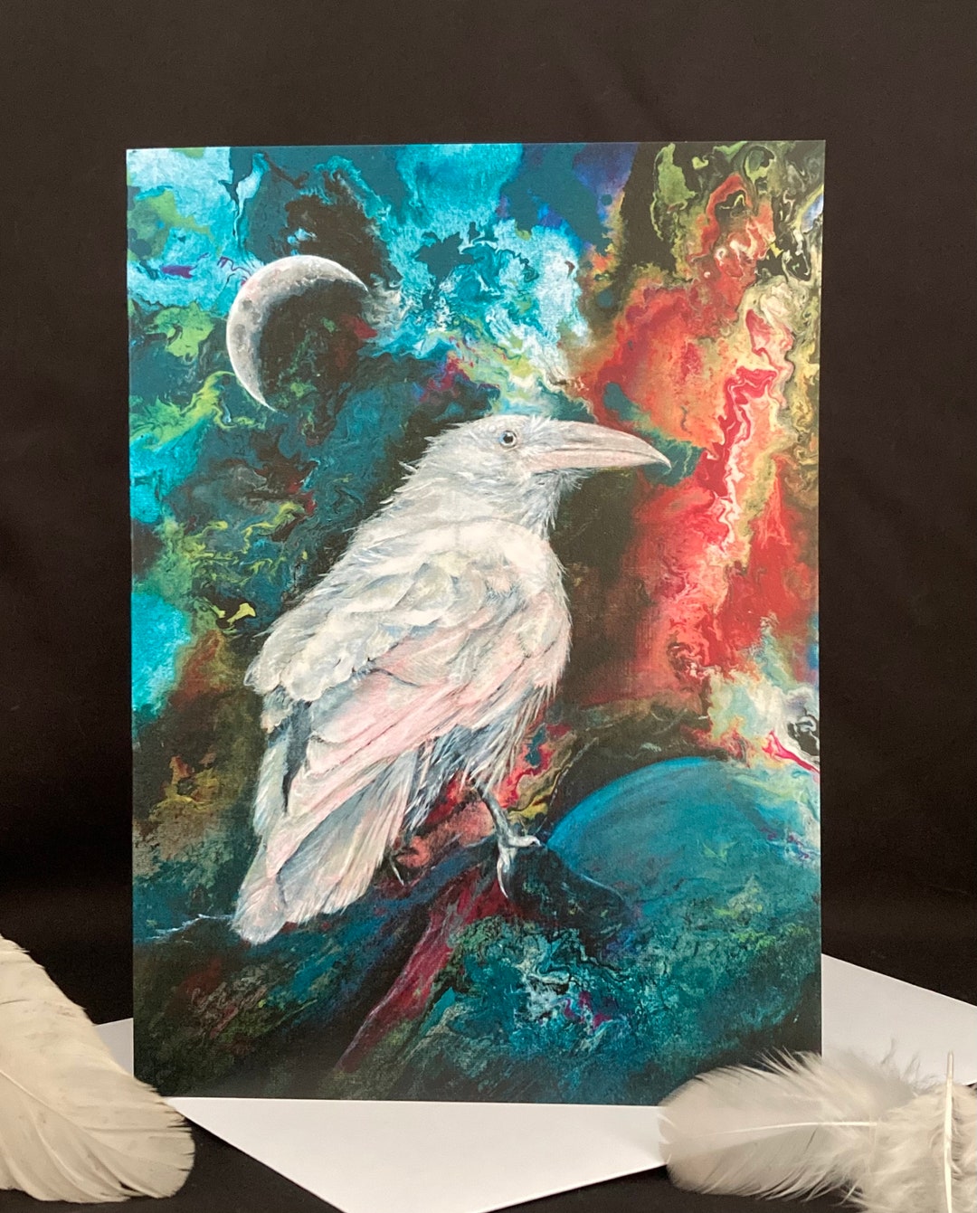 Colourful White Raven Greetings Card, Blank Raven Card, Beautiful Raven ...
