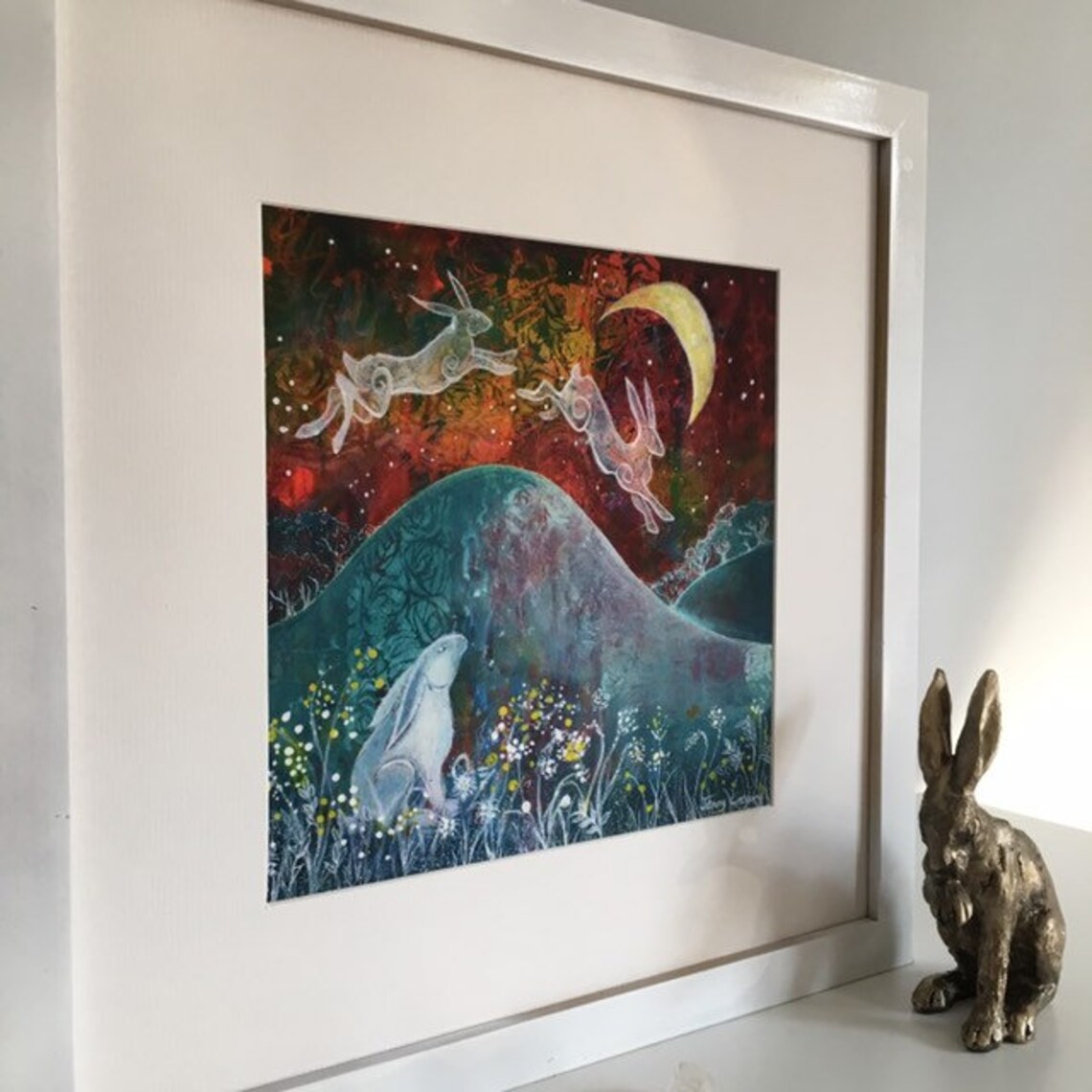 Moongazing Hare Colourful Fine Art Print Magical Hare Wall - Etsy