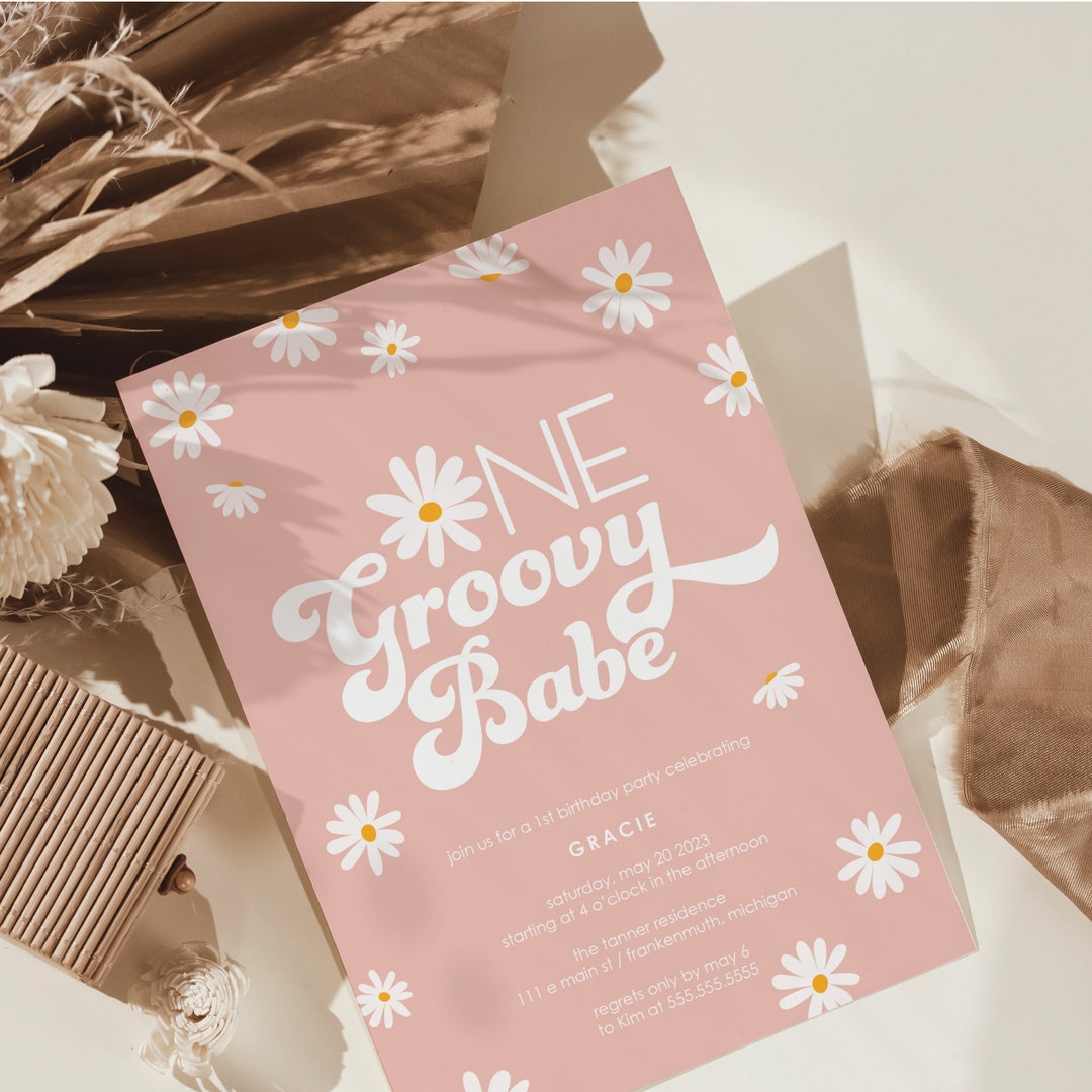 One Groovy Baby Birthday Party Invitations, 1st Birthday Retro Daisy ...