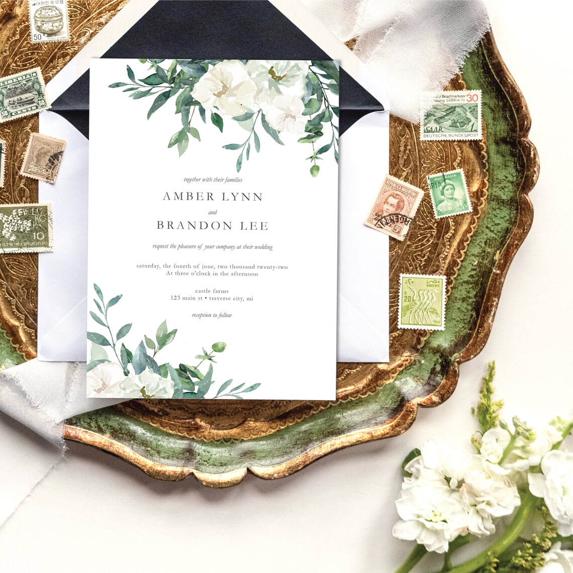 Soft and Simple Minimalist Wedding Invitations, White Roses Greenery ...