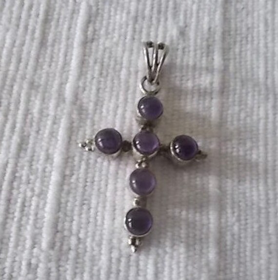 Vintage~Large~Sterling Silver~Amethyst Cross~Pendant~… - Gem