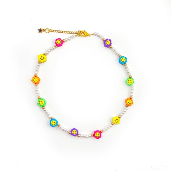 Rainbow Smiley Face Flower Necklace - Etsy