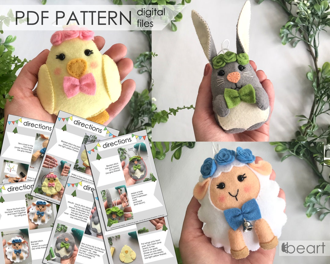 Spring Felt Pattern - PDF PATTERN, Easter Ornaments Diy, Chicken, Hare ...