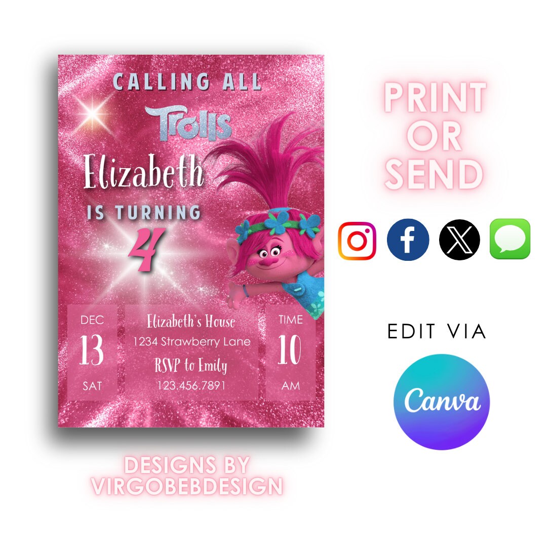 Trolls Invitation, Trolls Birthday Invite Printable, Trolls Craziest ...