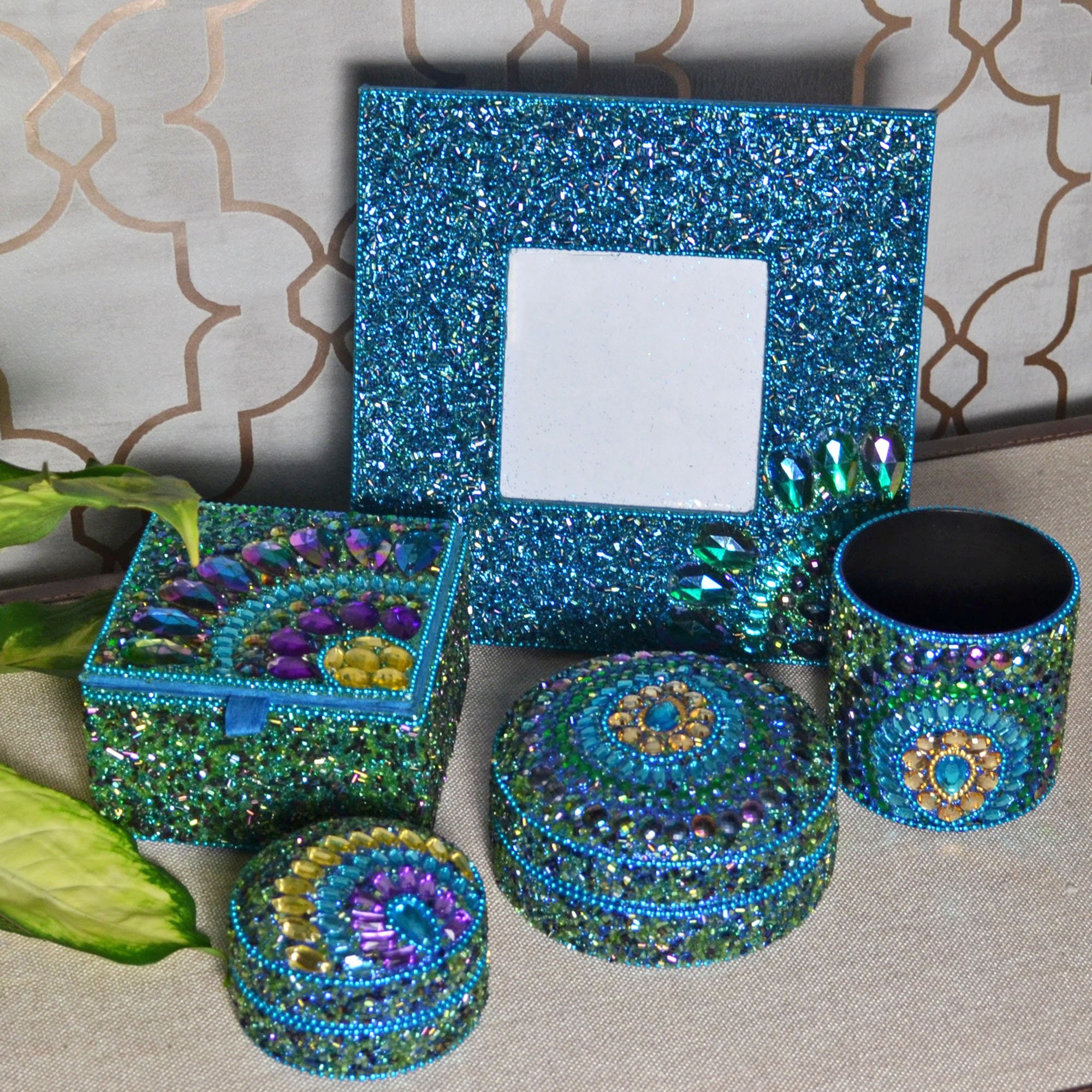 Peacock Feather Style Blue & Green Beaded Pot Decorative Well - Etsy