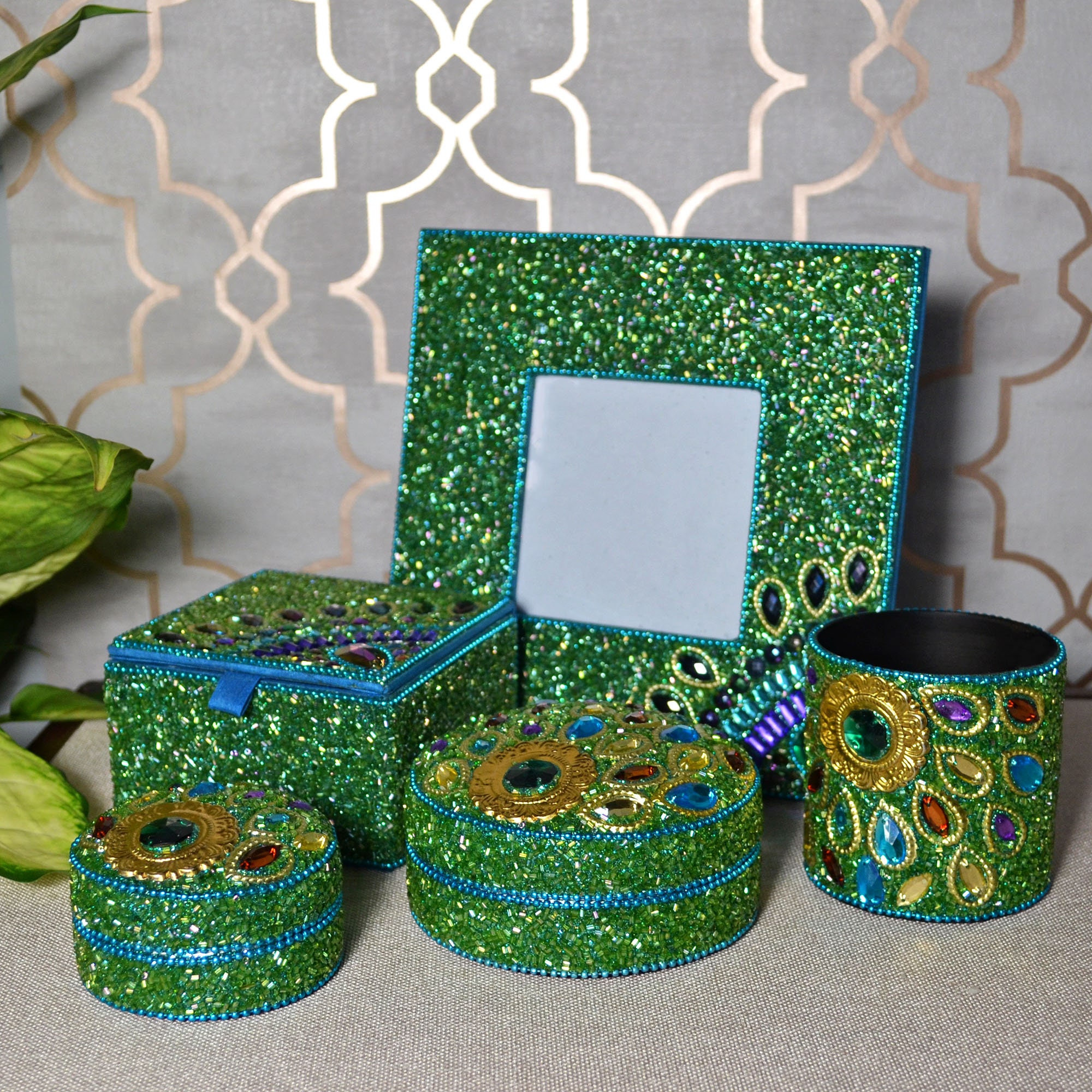 Peacock Feather Style Blue & Green Beaded Pot Decorative Well - Etsy