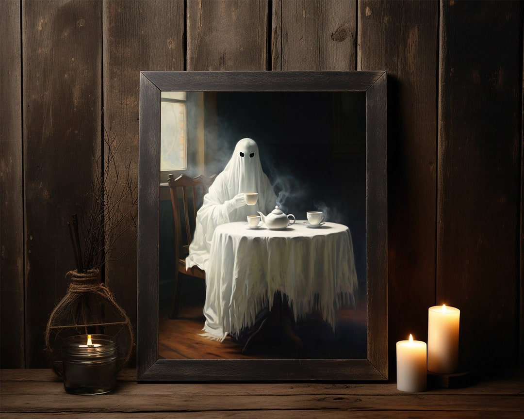 Ghost Drinking Tea Art Print - Dark Academia Halloween Decor - Vintage ...
