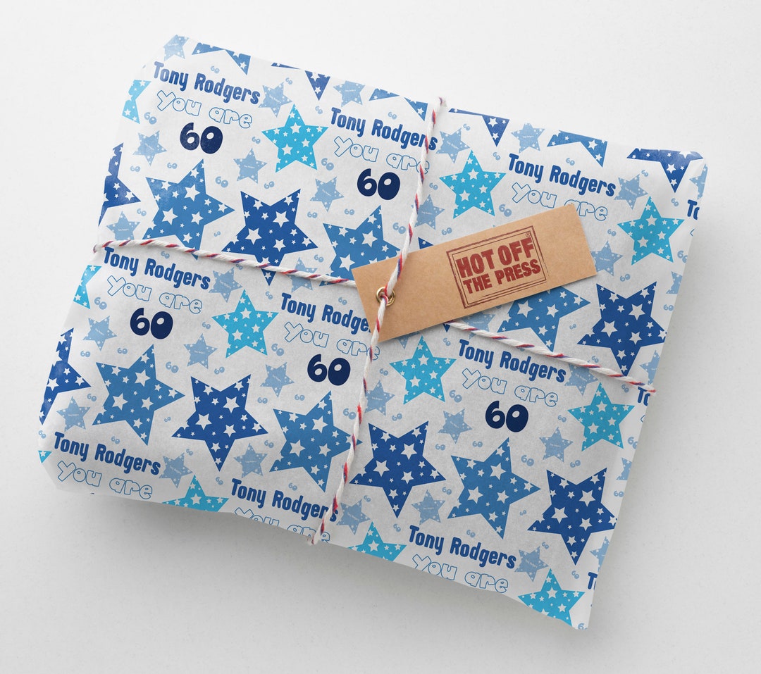 Personalised Blue Name and Age Birthday Wrapping Paper 24 X 32in/610 X ...