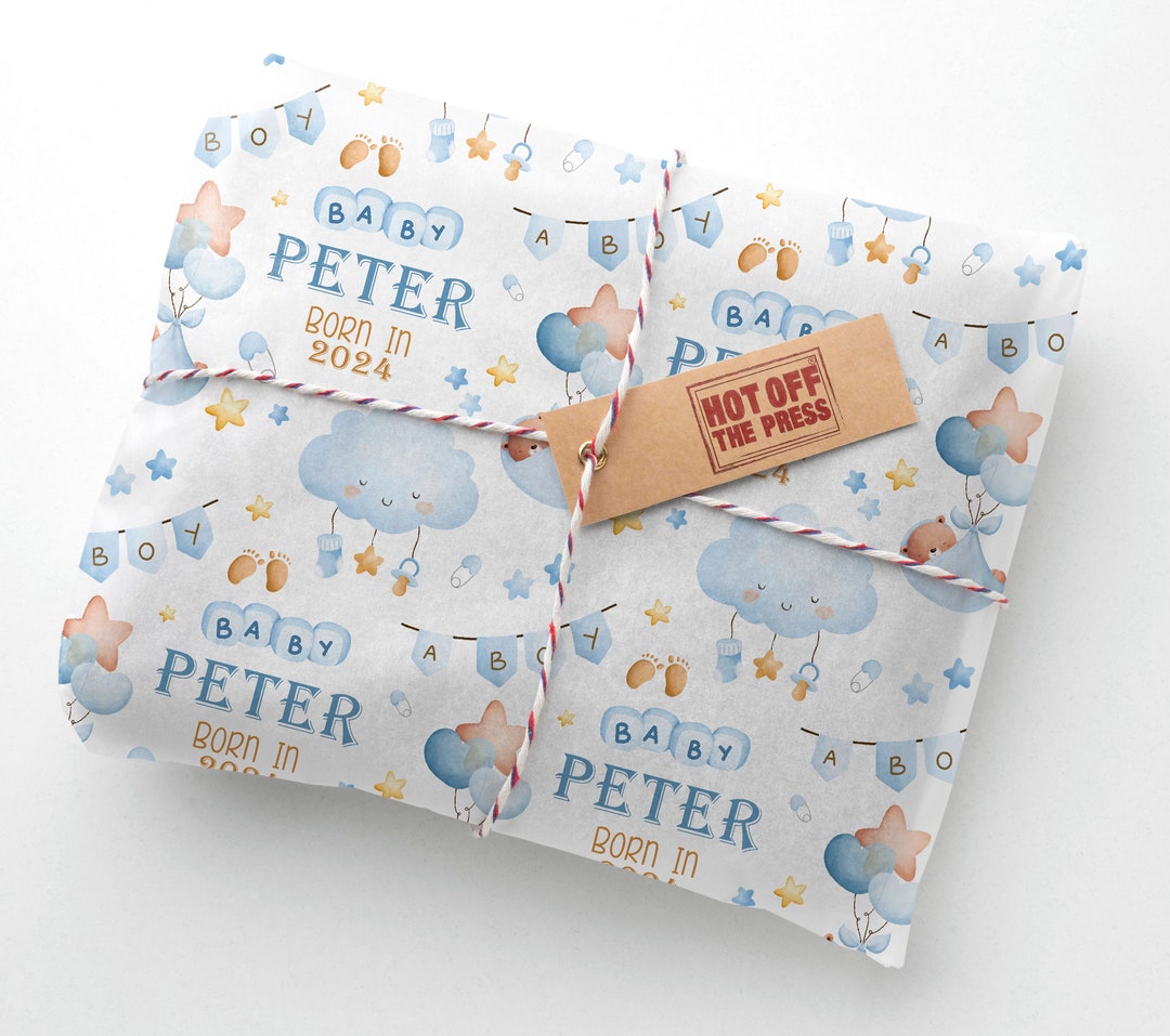 New Baby Born in year Birthday Personalised Wrapping Paper Blue ...