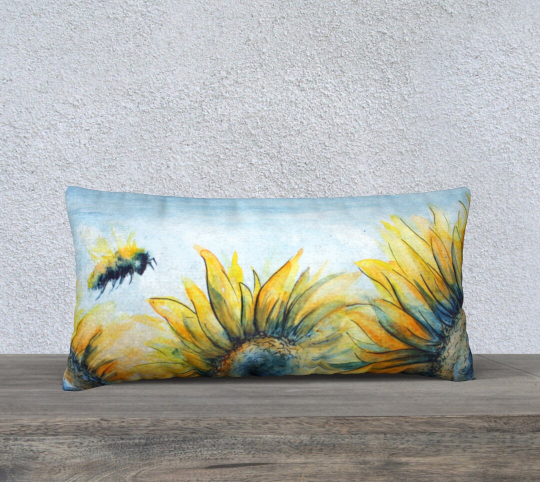 Sunflower Bumble Bee Lumbar Pillow Cover: Reactive Print Home Decor (12 ...