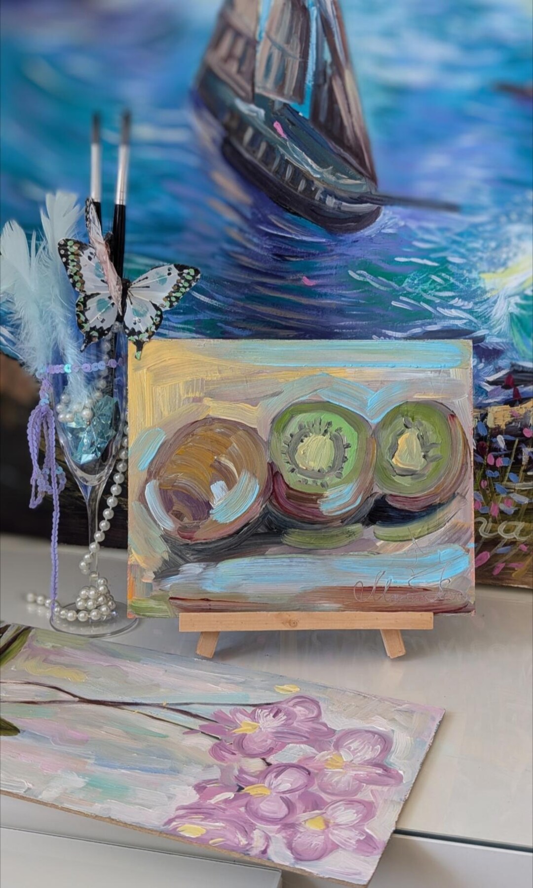 Emerald Kiwi: Original Oil Painting - Small Impasto Miniature Green ...