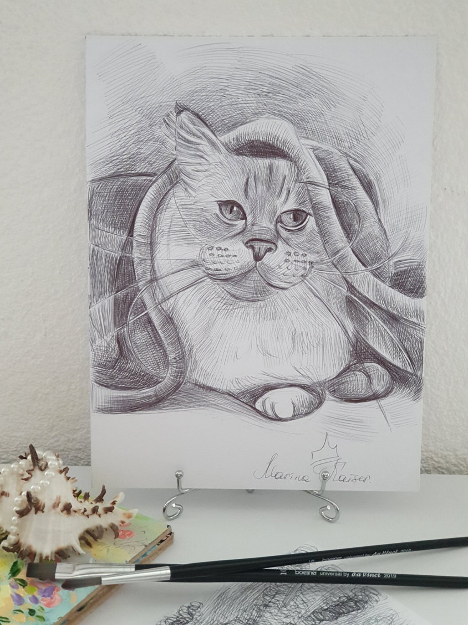 Cat Under the Ceiling Drawing Original Unique Ballpoint Pen Fauna in ...