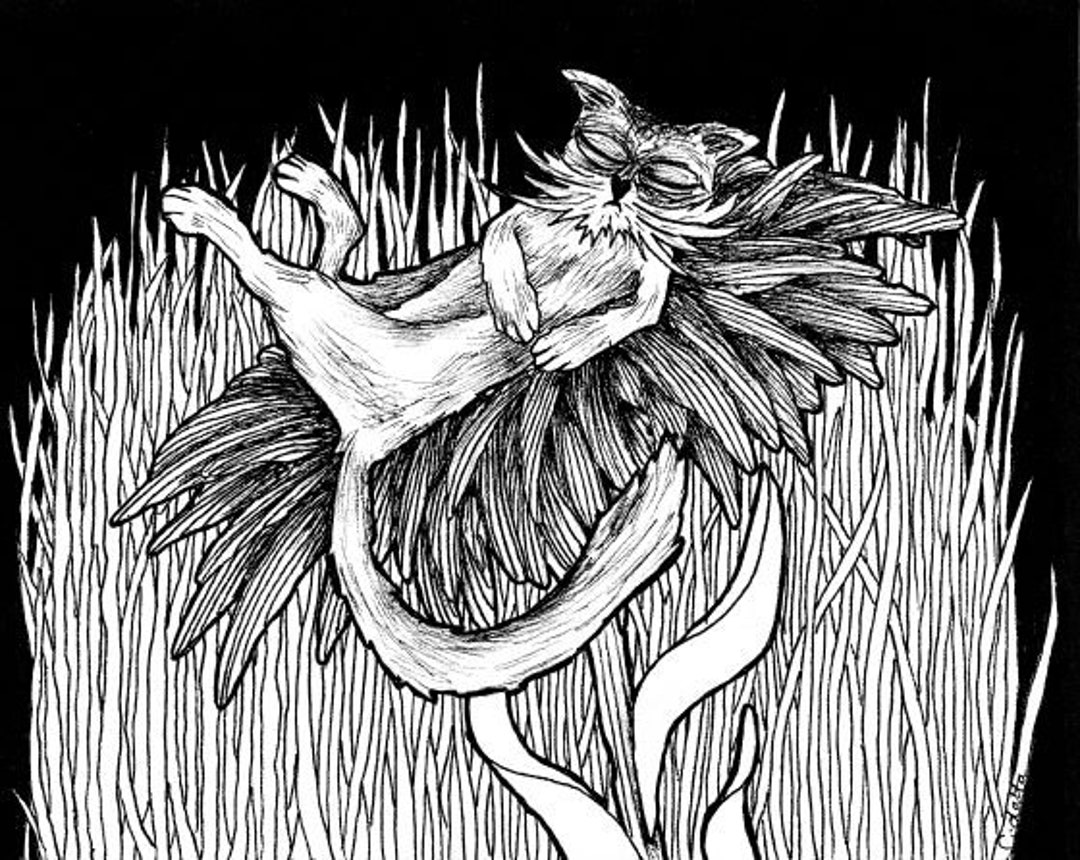 Cat Nap, Print of a Original Drawing of a Cat Relaxing and Dreaming in ...