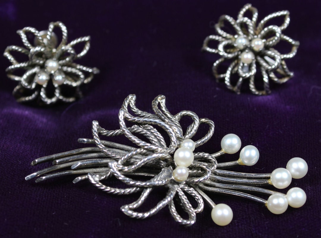 Sterling, Cultured Pearl Pin, Earrings, Birks of Canada, 1960s, Floral ...
